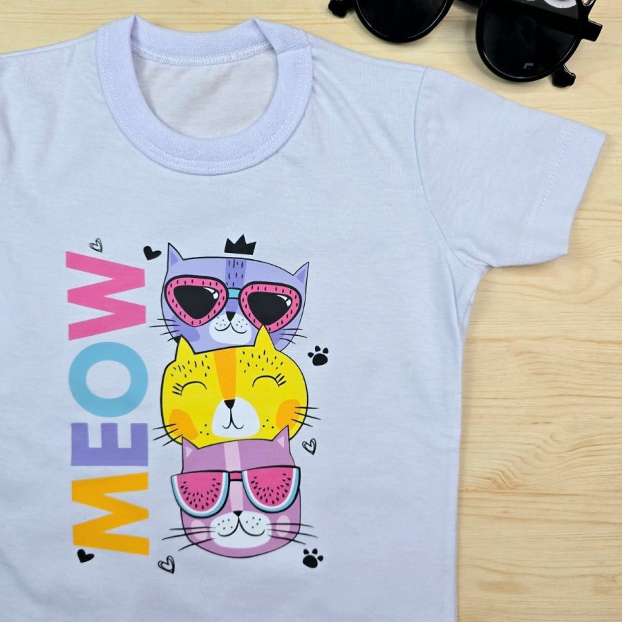 Camiseta Curta Infantil de Menina em 100% Algodão - Branca Gatinhas ...